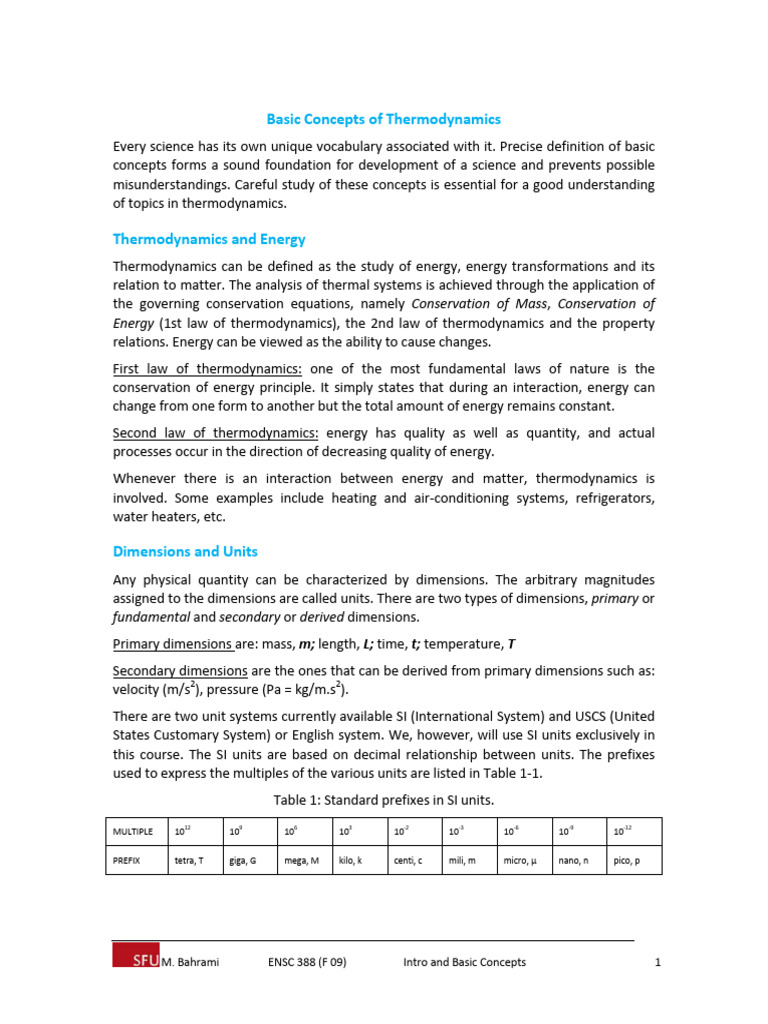 Basic Concepts of Thermodynamics Author M. Bahrami | PDF | Temperature | Pressure Measurement