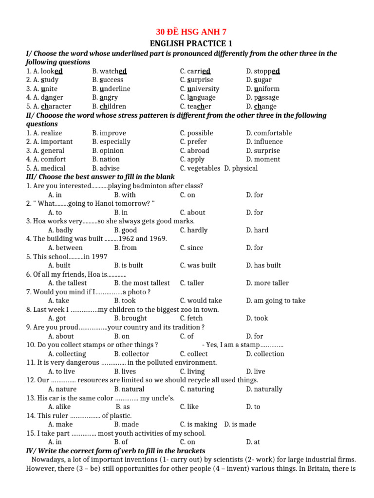 30 ĐỀ HSG ANH 7 | PDF