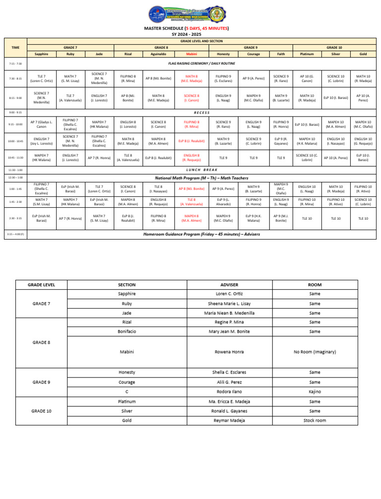 Master Schedule Matatag New | PDF
