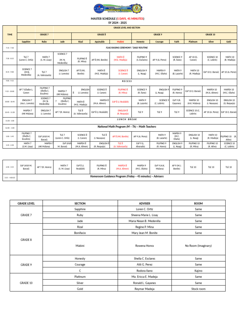 Master Schedule Matatag New | PDF
