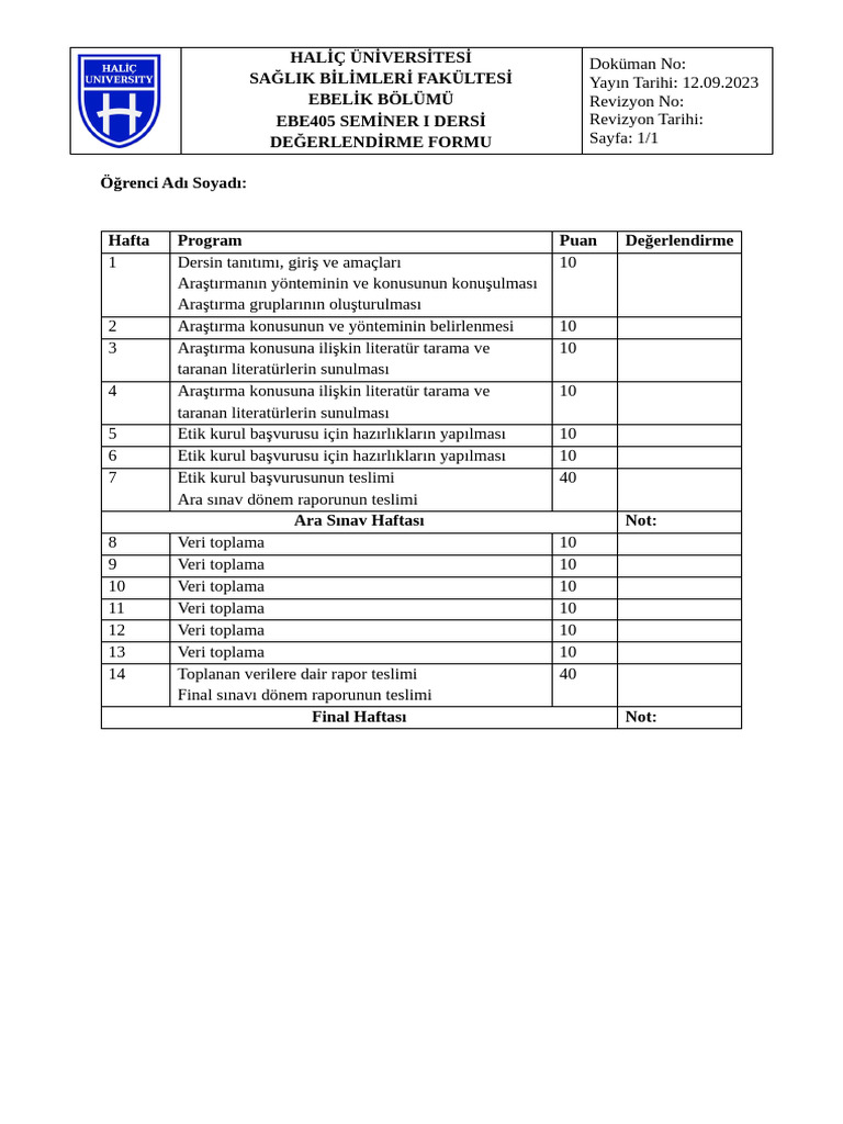Seminer Değerlendirme Formı | PDF