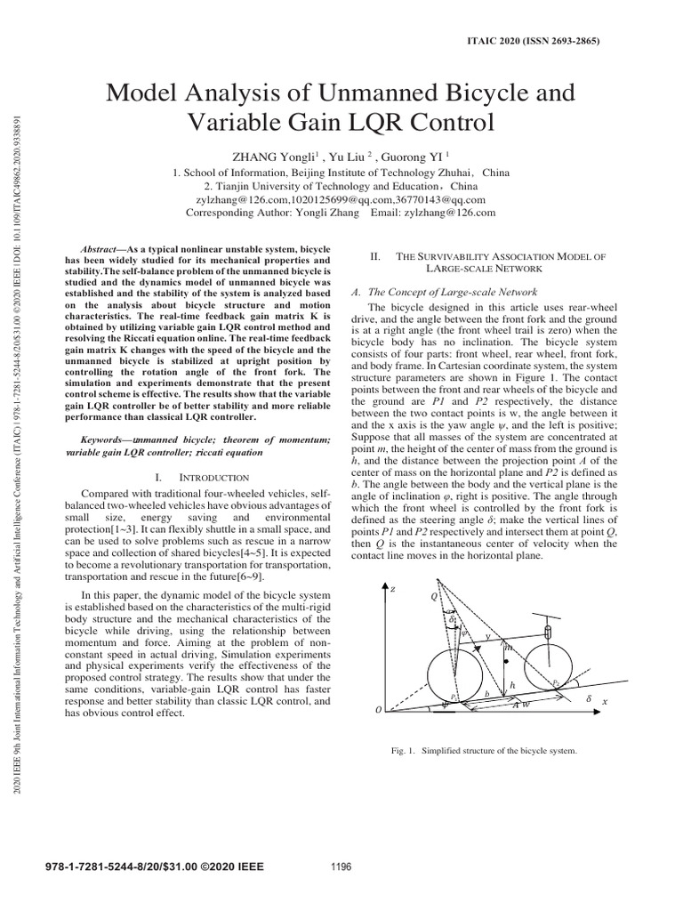 (IEEEChina2020) Model Analysis of Unmanned Bicycle and Variable Gain LQR Control | PDF | Control ...
