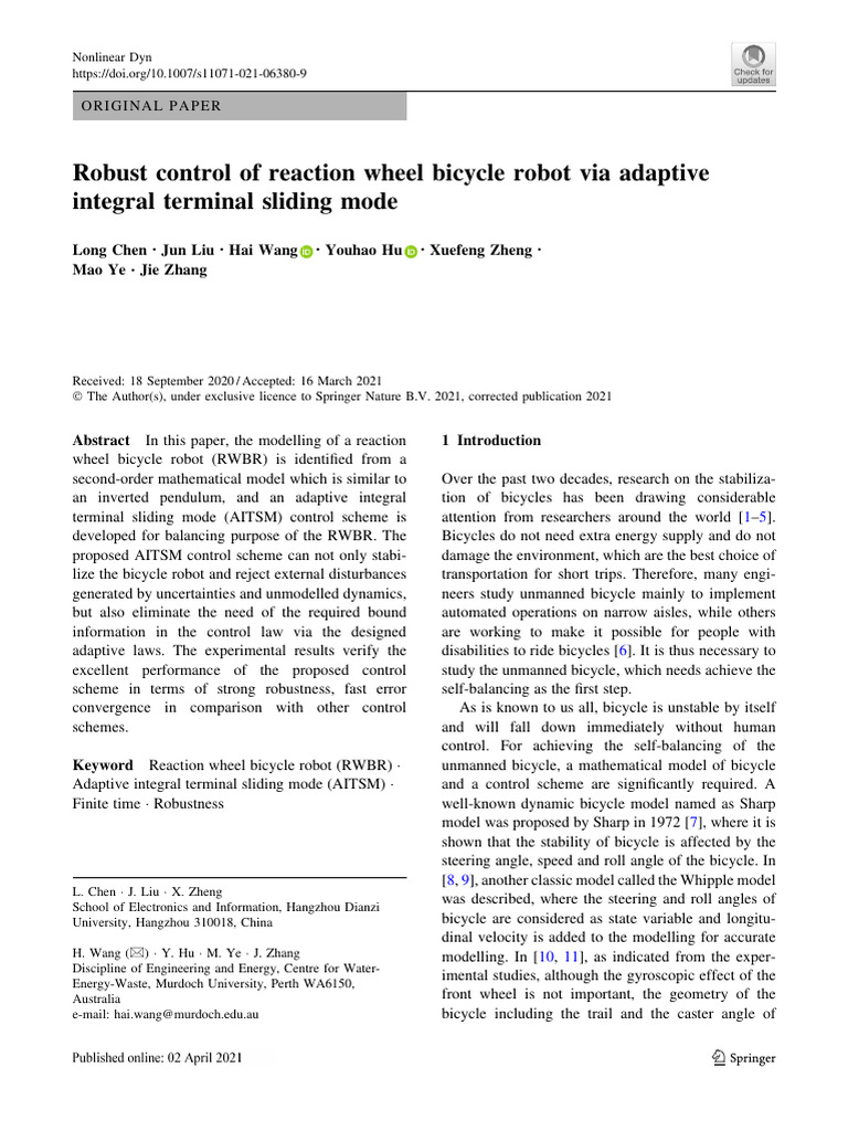 (Springer2021) Robust Control of Reaction Wheel Bicycle Robot Via ...