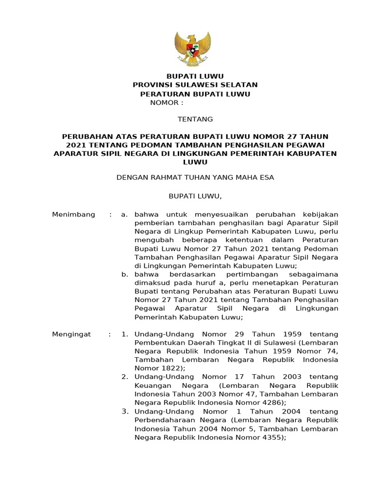 Revisi Perbub 27 Tahun 2021 TTG TPP | PDF