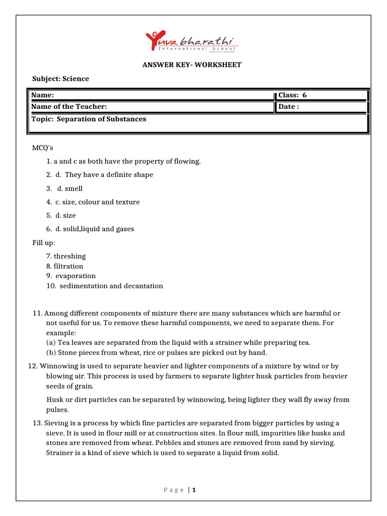 Separation of Substances Worksheet | PDF | Water | Filtration