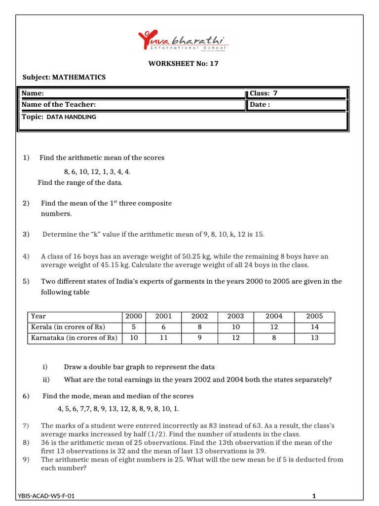 GIDB6194074-WS - Chapter - 17 - DATA HANDLING | PDF | Mean | Arithmetic Mean