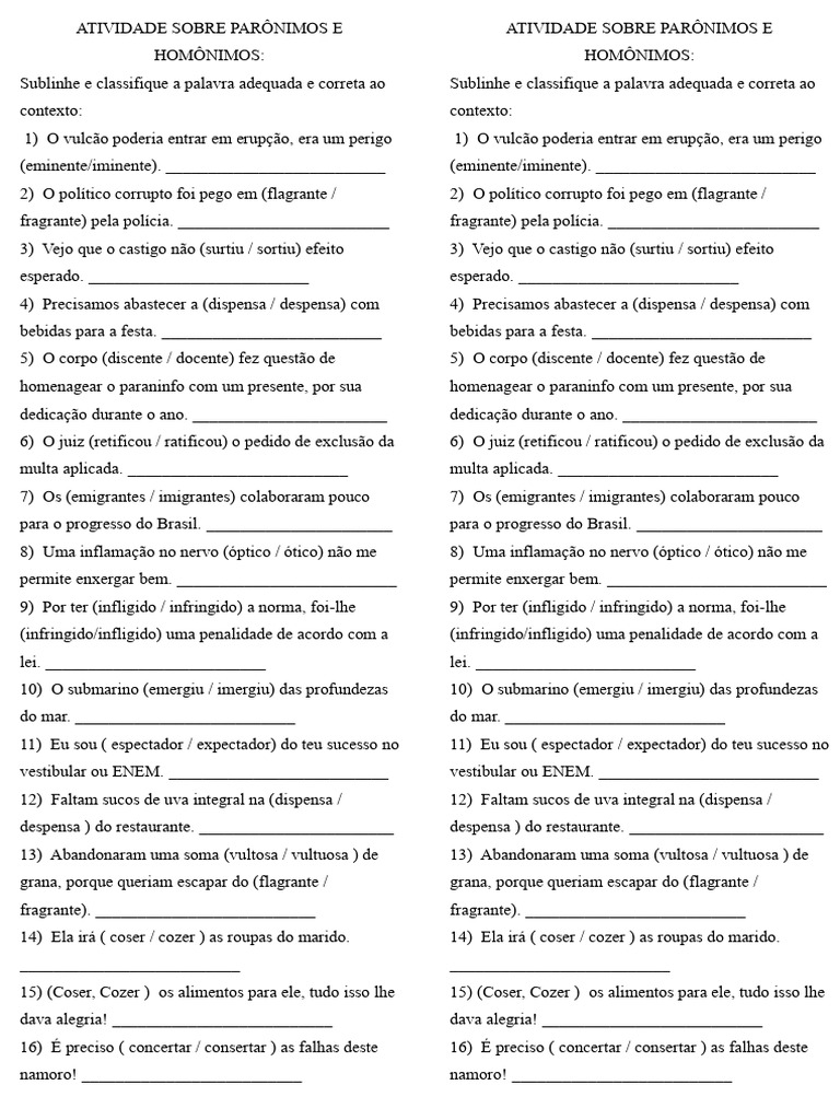 ATIVIDADE SOBRE PARÔNIMOS E HOMÔNIMOS | PDF