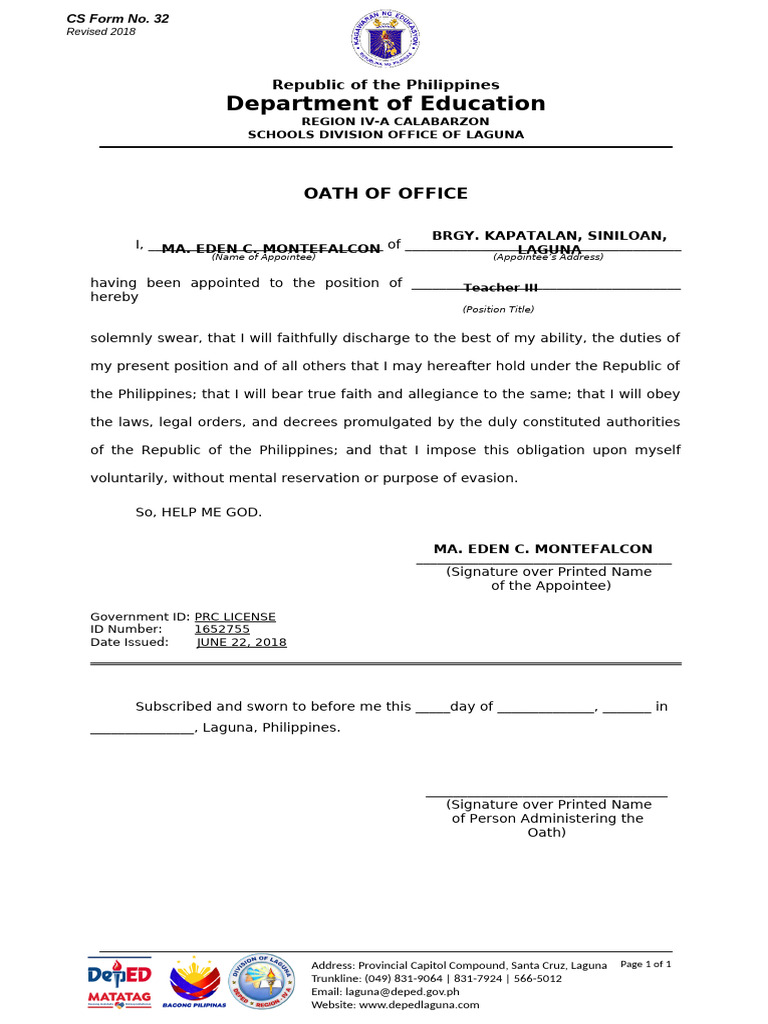 Oath of Office for Laguna Teacher III | PDF | Oath Of Office | Social ...