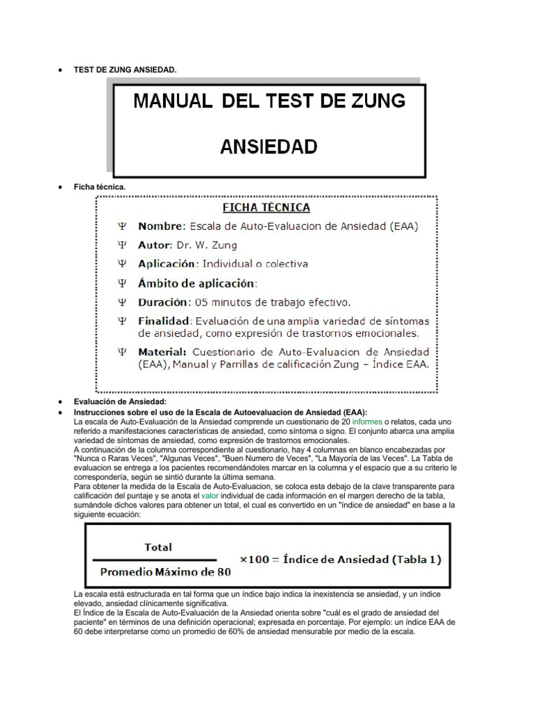 Test de Zung: Evaluación de Ansiedad | PDF | Ansiedad | Trastorno ...