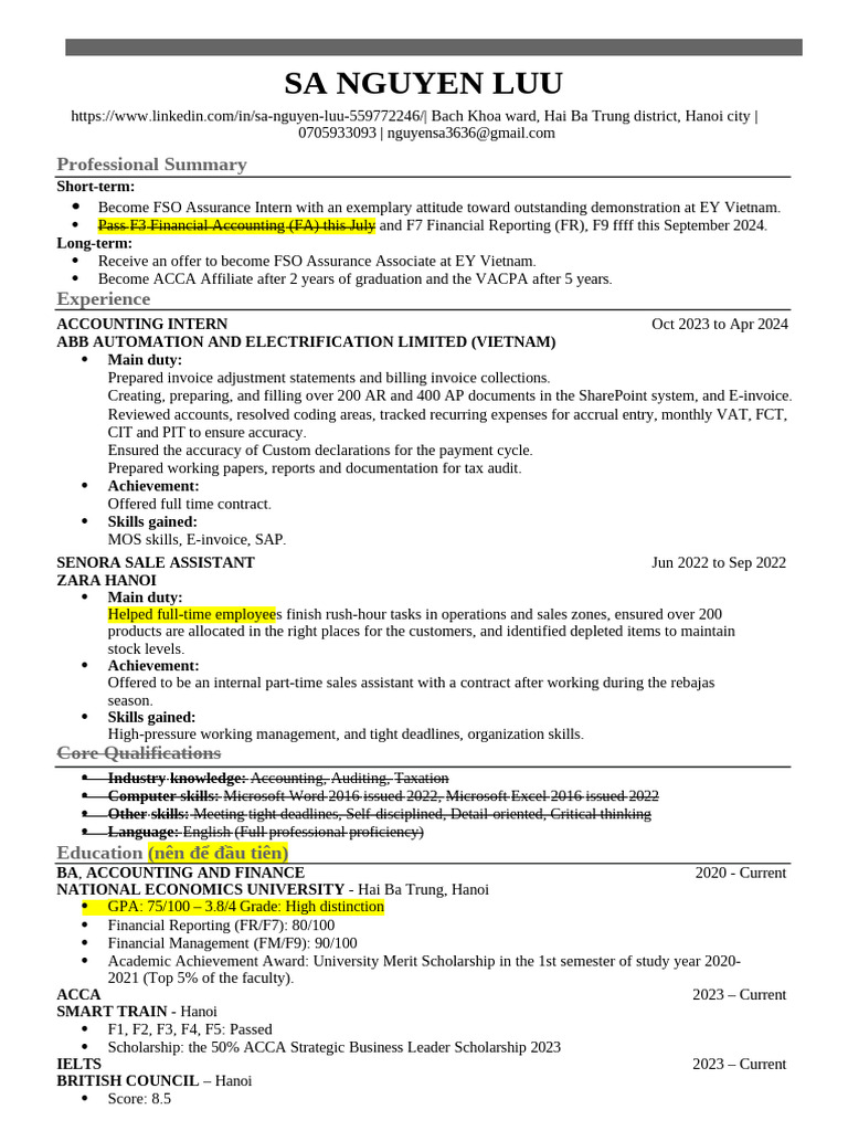 Sa Luu Nguyen - FSO Assurance Intern | PDF | Accounting | Business