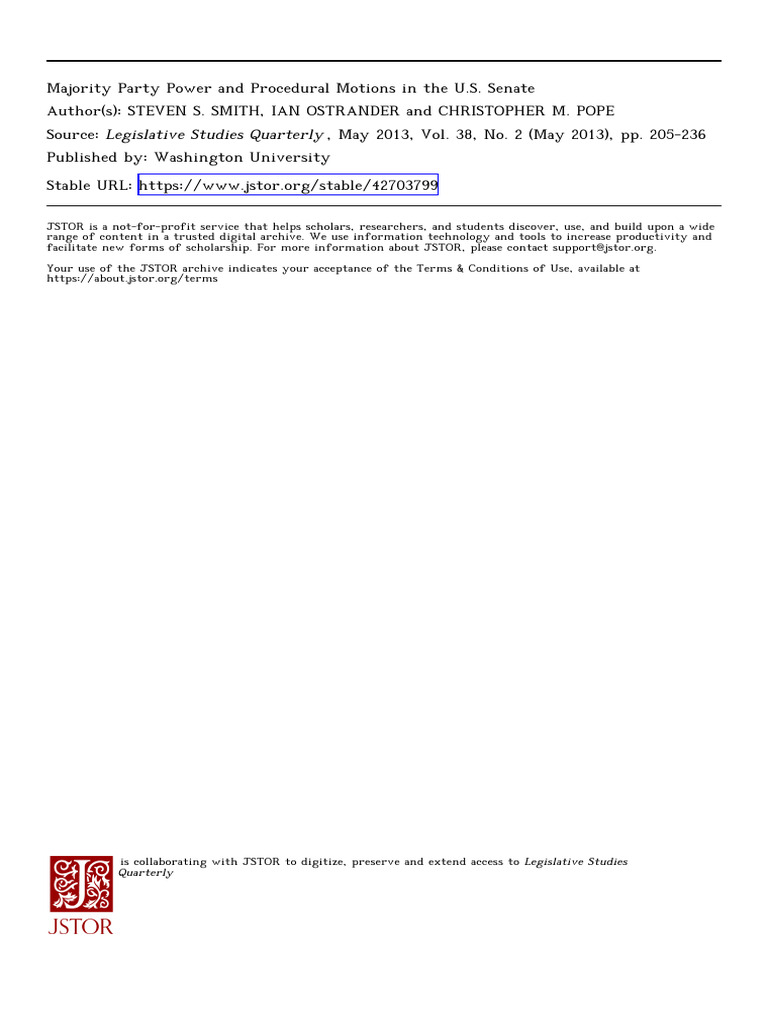 Majority Party Power and Procedural Motions in The U.S. Senate by Smith ...