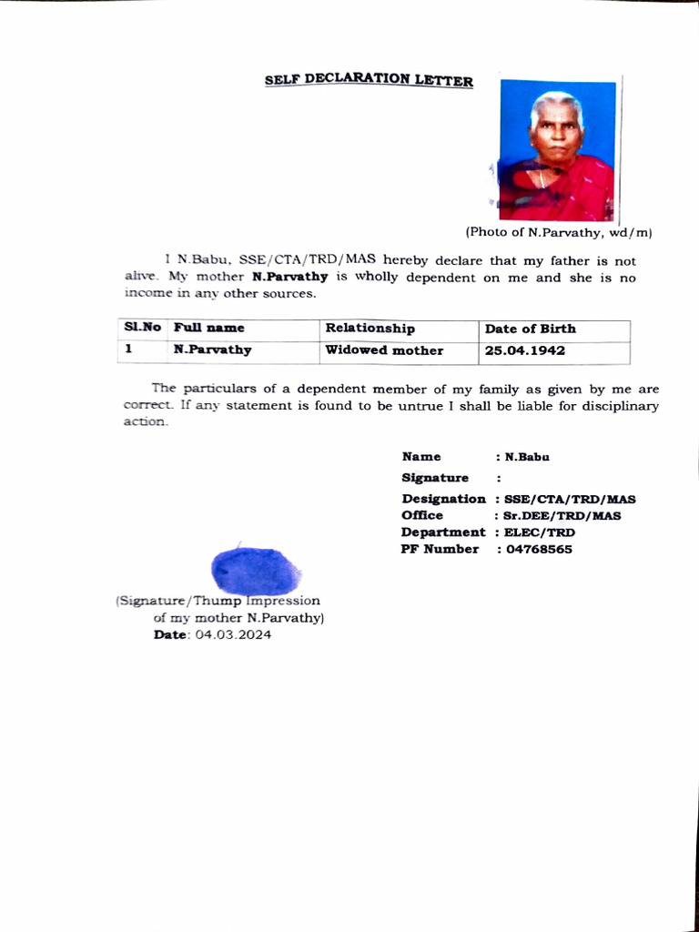 Widow Mother Self-Declaration | PDF