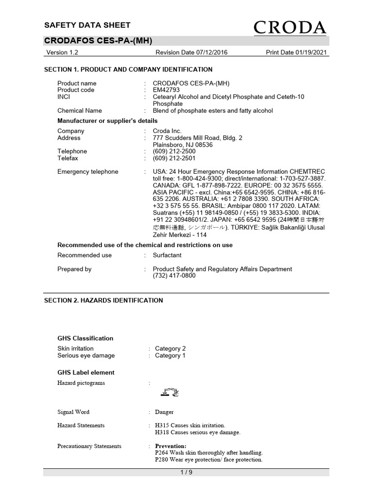 Safety Data for CRODAFOS CES-PA | PDF | Personal Protective Equipment ...