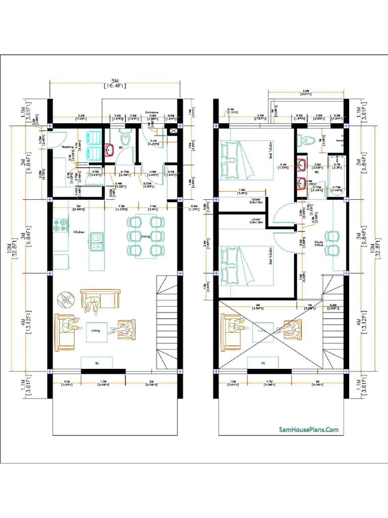 5x10 Small House Plan 2 Beds 2 Baths Shed Roof Layout Plan Detailing ...
