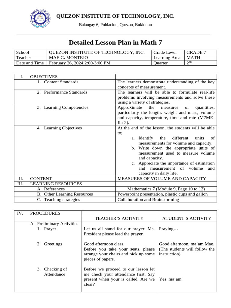 math 7 | PDF | Volume | Litre