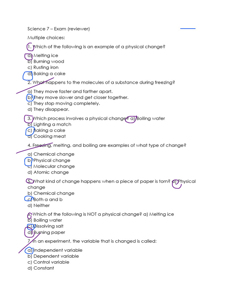Science 7 Exam Review: Physical Changes | PDF | Chemical Substances | Water