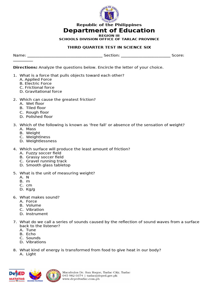 Science Test for Grade Six Students | PDF | Friction | Lever