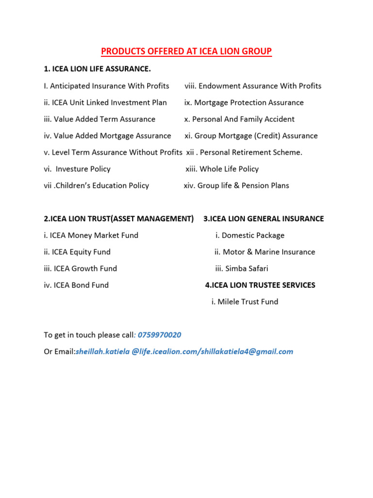PRODUCTS OFFERED AT ICEA LION GROUP Sheila | PDF