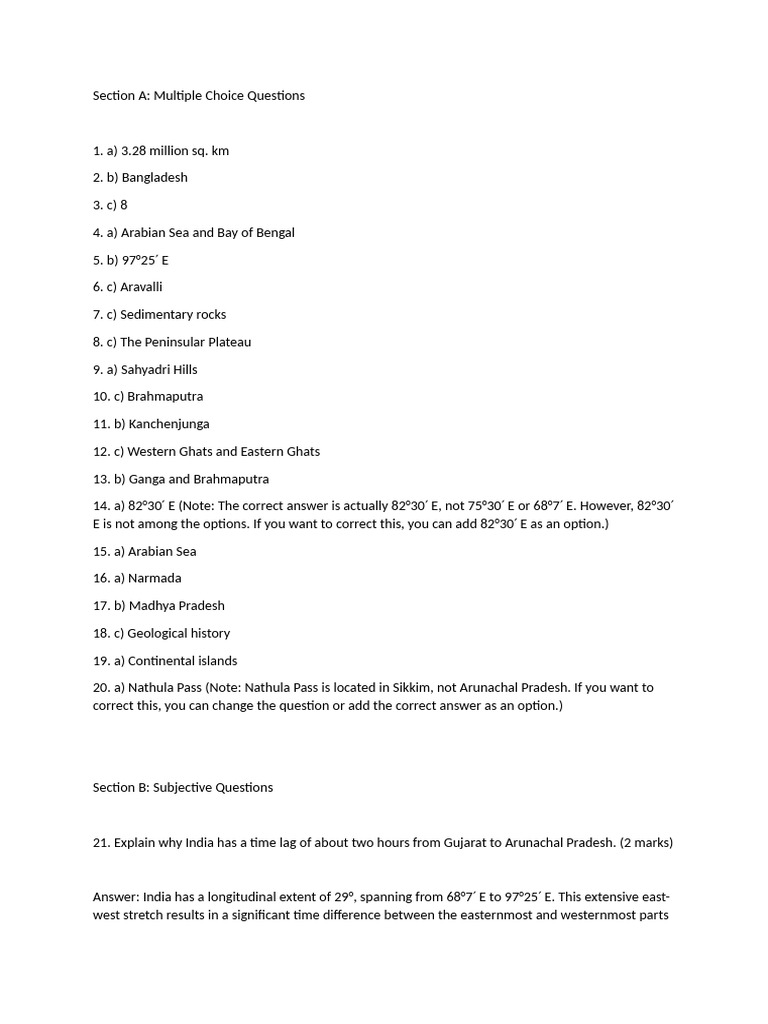 Ans Key of India Size and Location and Physical Features of India | PDF ...