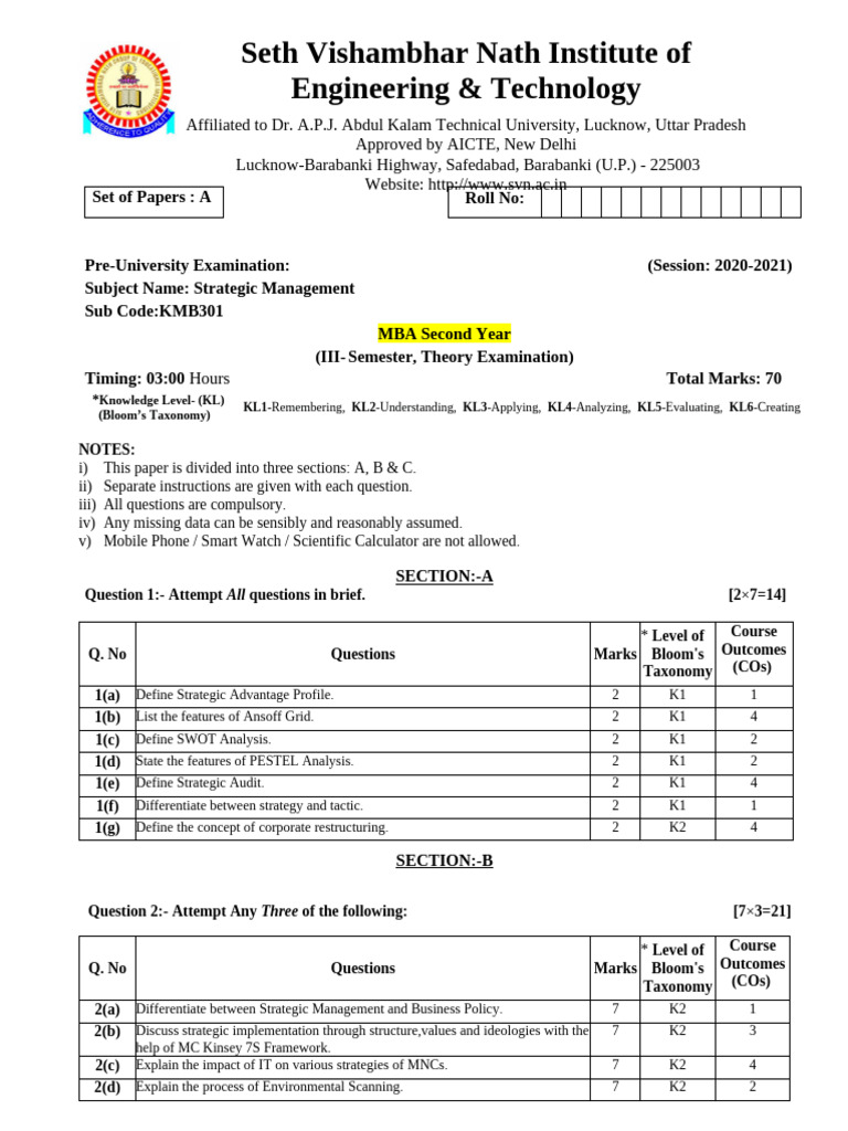 MBA 2nd Yr SM KMB301 - Question - Paper | PDF | Strategic Management ...