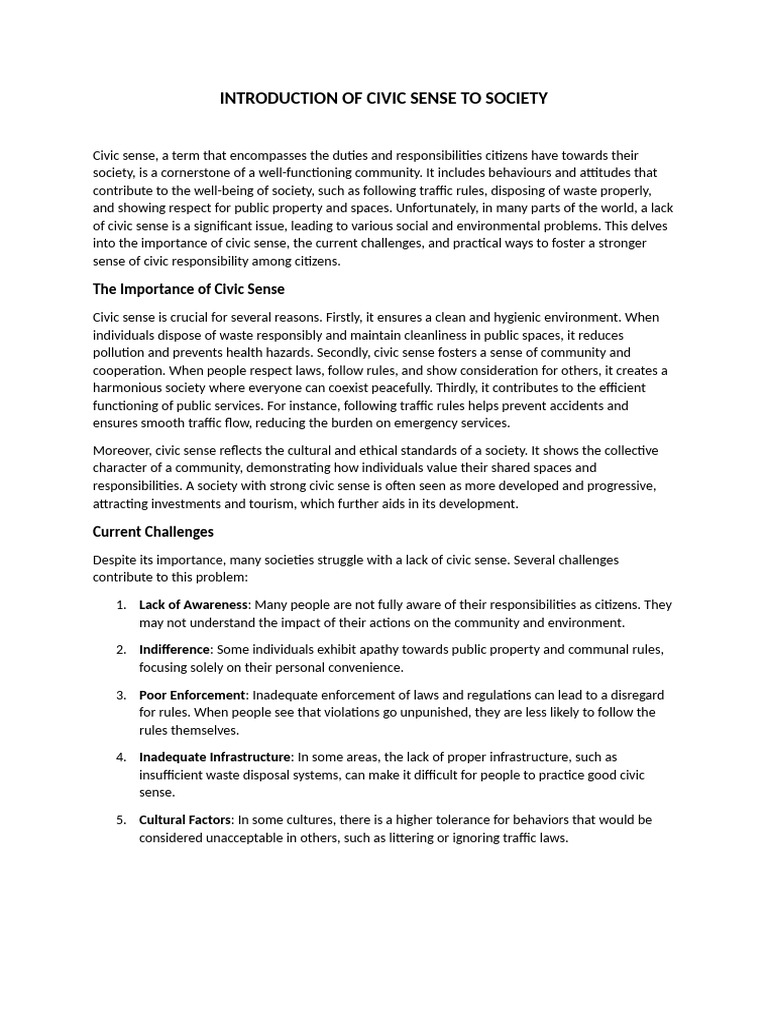 Introduction of Civic Sense To Society | PDF | Civic Engagement ...
