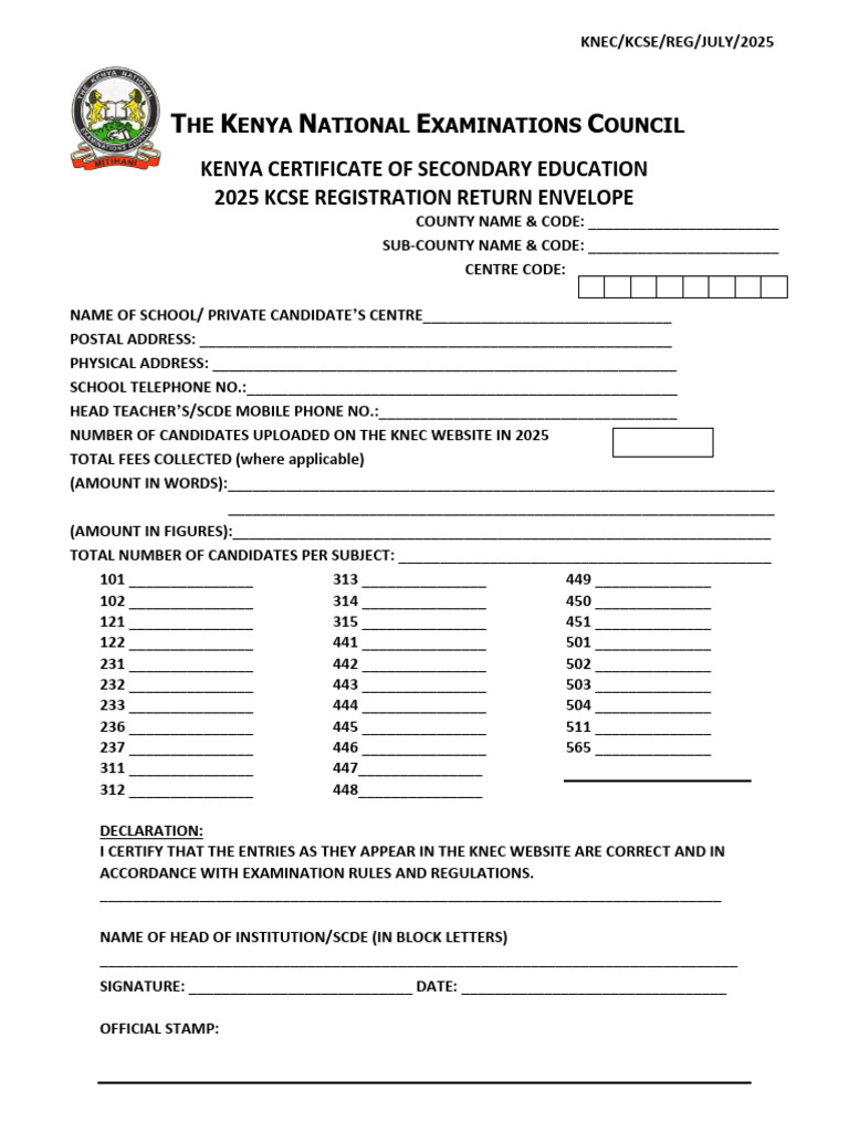 2025 Kcse Registration Return Envelops | PDF | Written Communication