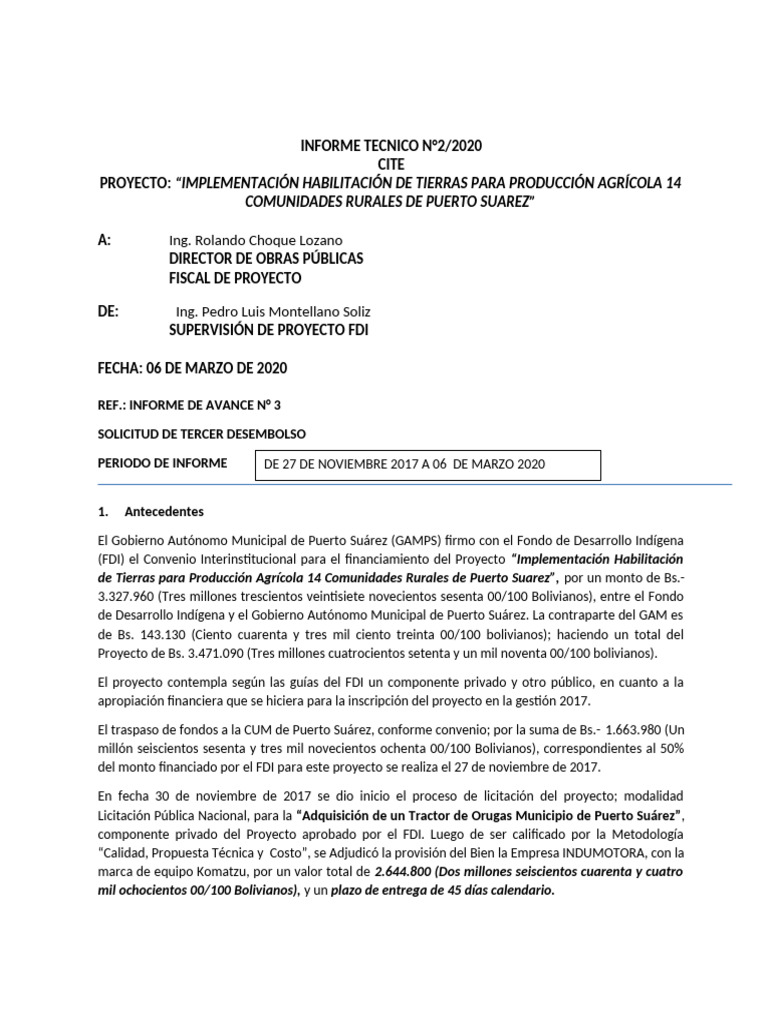 Formato Informe Tecnico de Obra Desembolso Supervisor | PDF | Bolivia