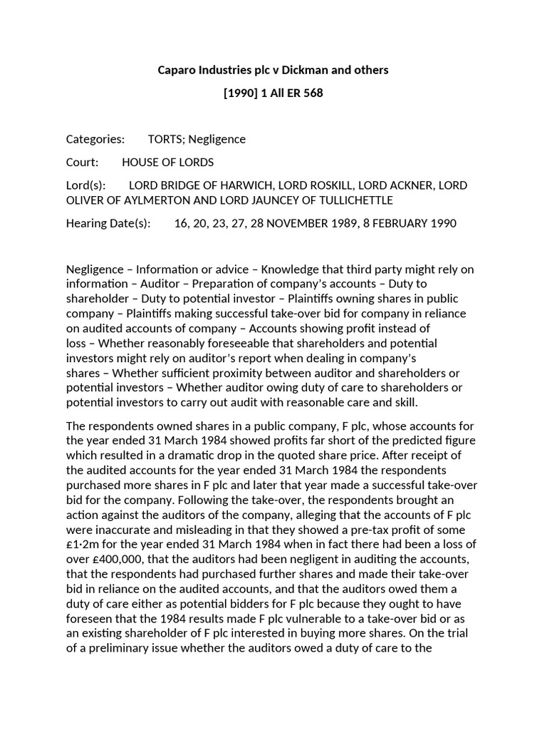 Caparo v Dickman: Duty of Care in Auditing | PDF | Common Law | Private Law