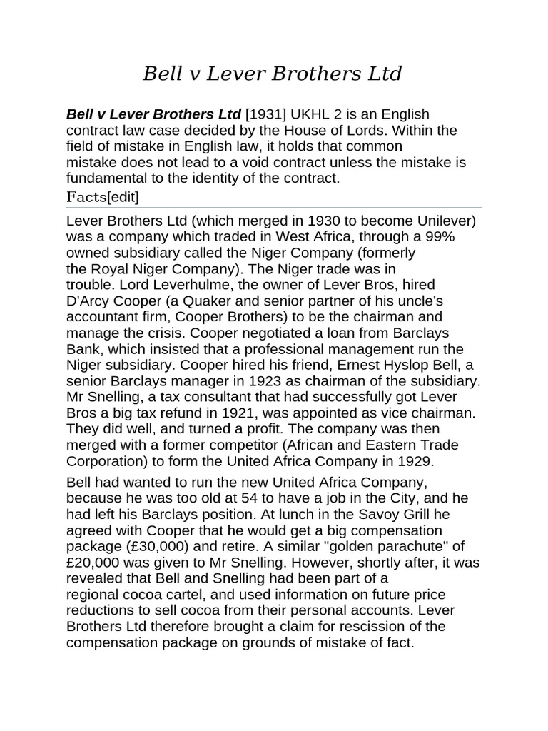 Bell v Lever Brothers: Common Mistake in Contracts | PDF | Private Law ...