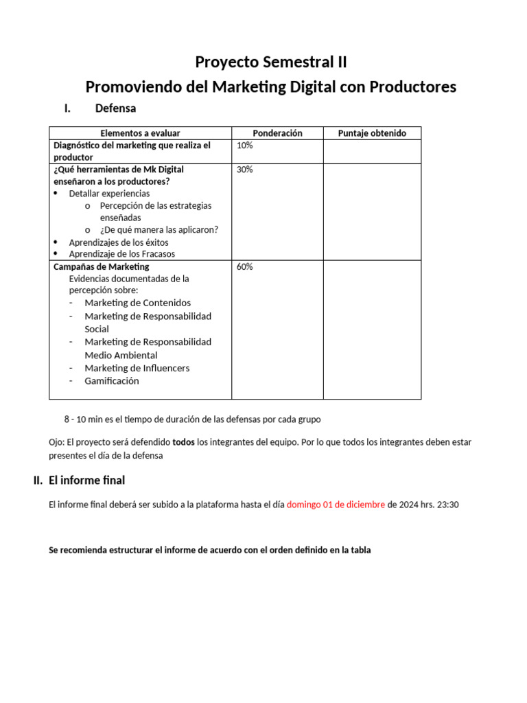 Proyecto Semestral II Evaluación Del Trabajo Empoderamiento Del Marketing A Productores | PDF