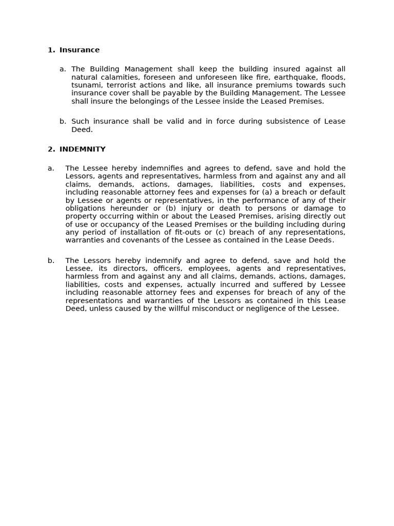 Insurance and Indemnity in Lease Agreements | PDF