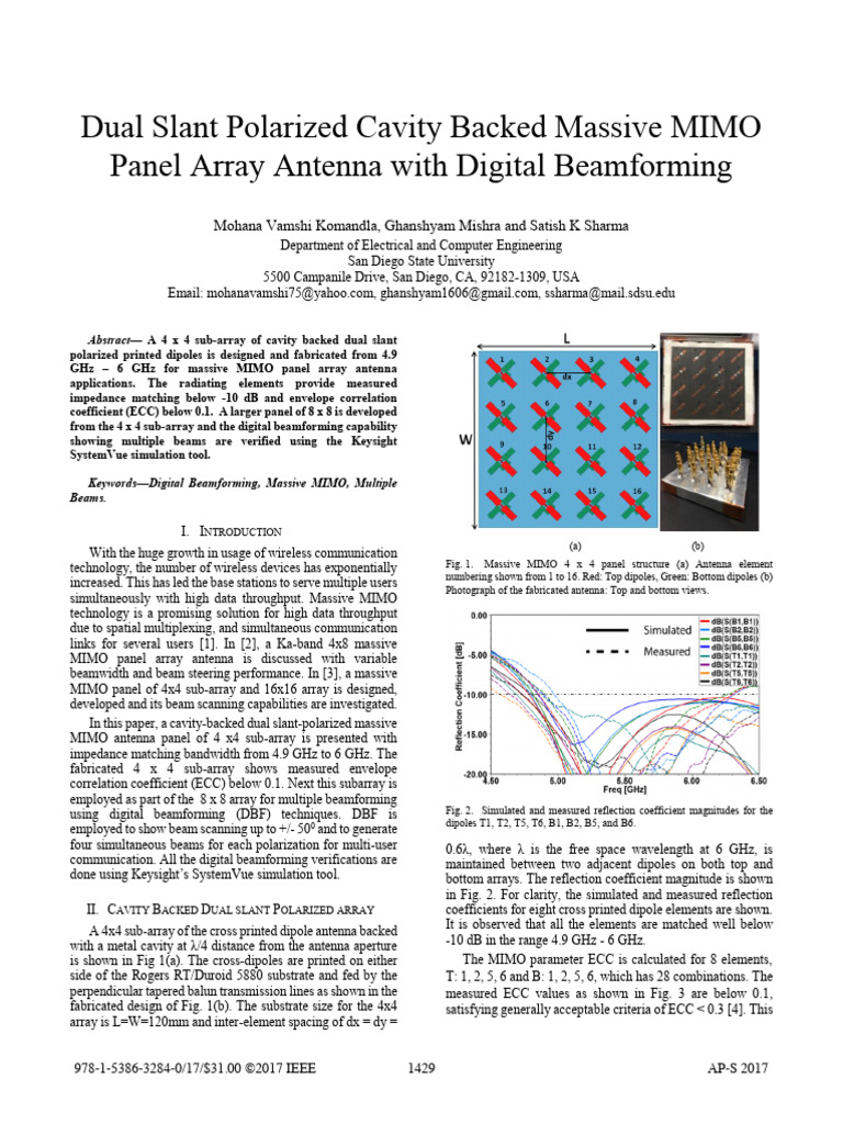 Dual Slant Polarized Cavity Backed Massive MIMO Panel Array Antenna with Digital Beamforming ...