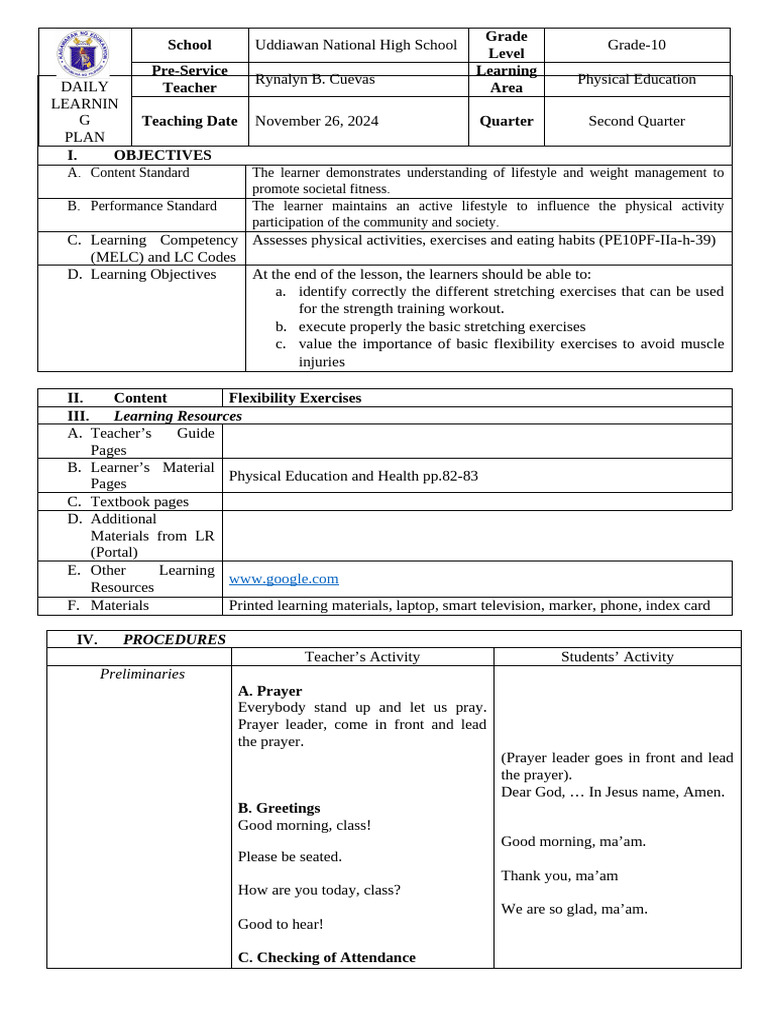 q2 Flexibility Exercises Lesson Plan Final | PDF | Strength Training | Learning