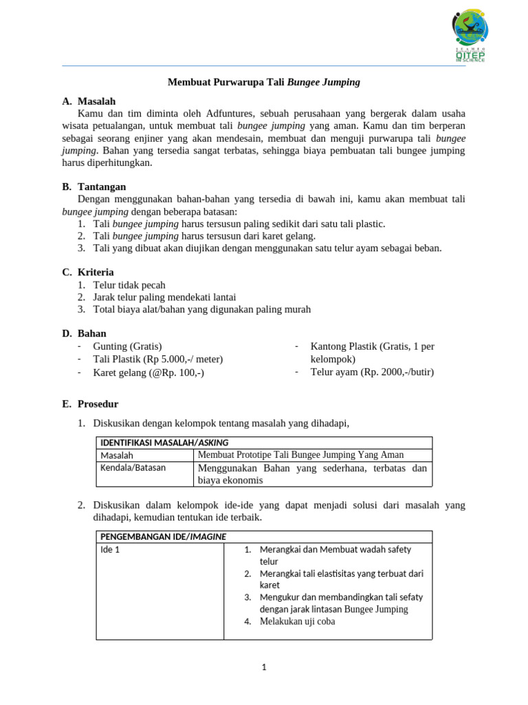 Tagihan Kelompok 3 Kelas IPA 1 LK 1-Karakteristik STEM-Bungee Jumping Activity | PDF