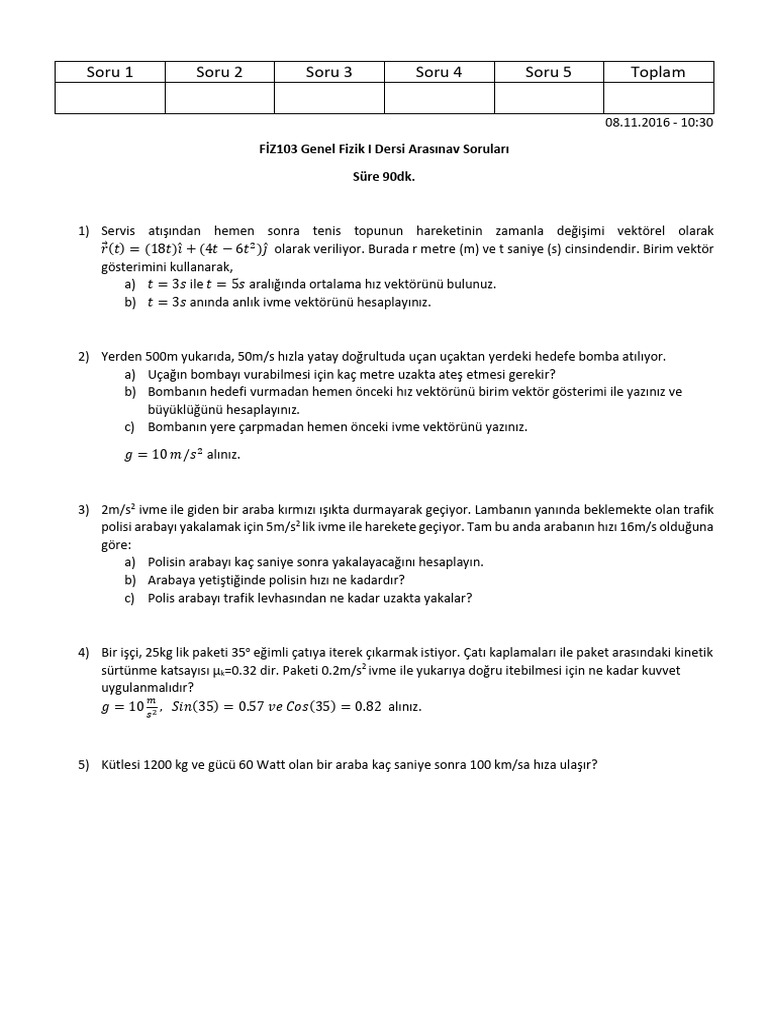 2016-2017 Trakya Üni fizik vize | PDF