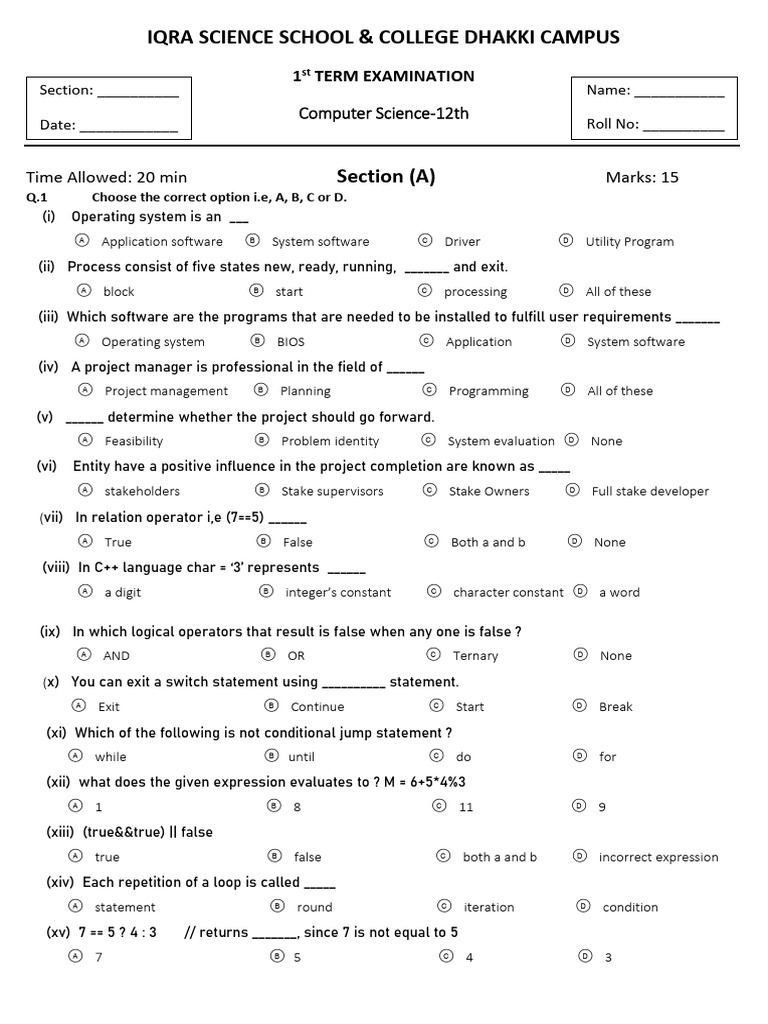 CL-12th Computer Science PPR (1st Term 1st 4 Chapters) | PDF | Control ...