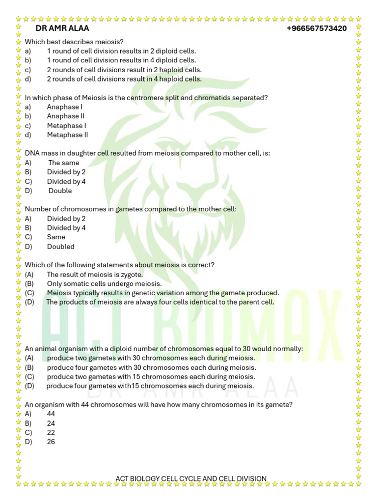 Bio ACT cell division classified | PDF | Meiosis | Chromosome