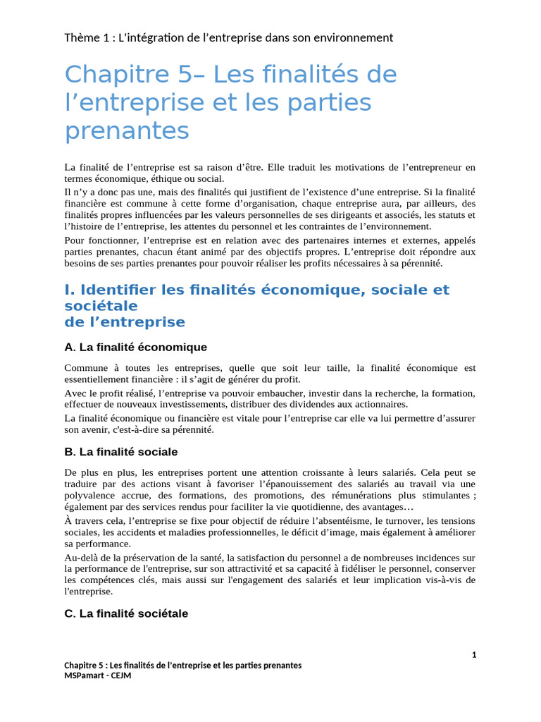 Finalités de l'Entreprise et Parties Prenantes | PDF | Partie prenante ...