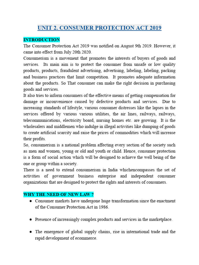 UNIT 2. Consumer Protection Act 2019 | PDF | Mediation | Consumer Protection