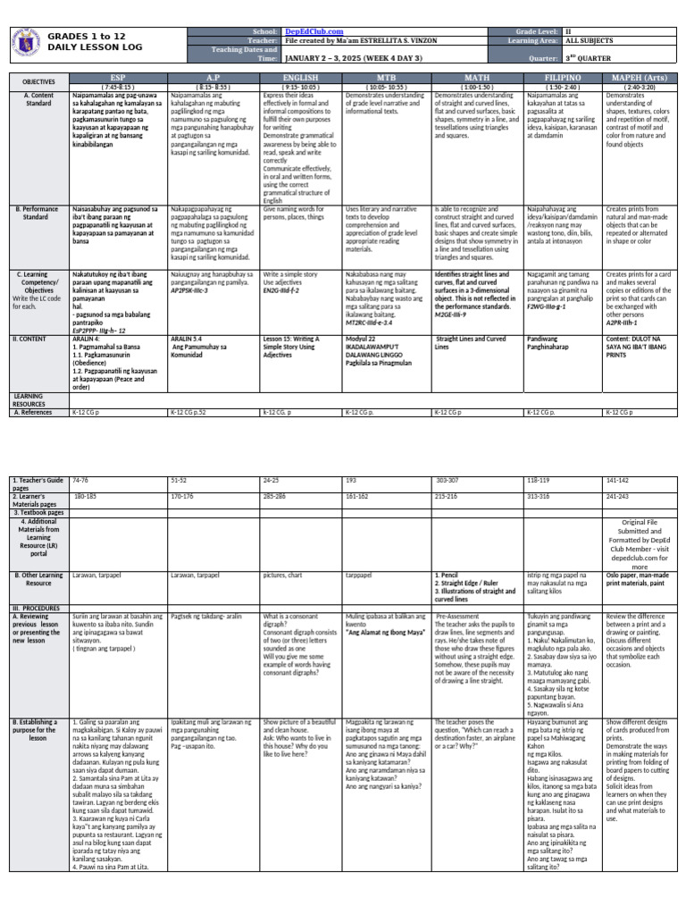 DLL - All Subjects 2 - Q3 - W4 - D3 | PDF