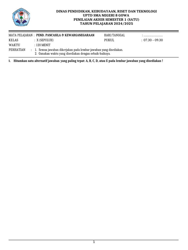 Soal Pas PKN Kelas X Asri | PDF