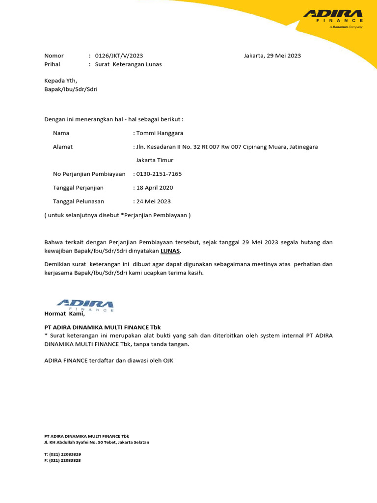 Surat Lunas Adira | PDF
