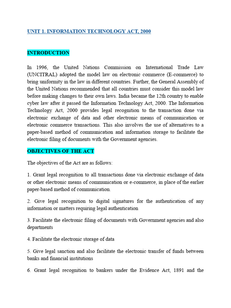 Unit 1. Information Technology Act, 2000 | PDF | Computer Data Storage | Public Key Cryptography