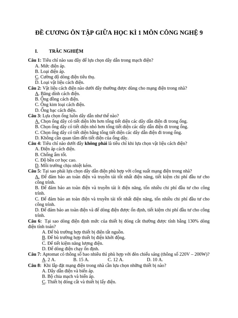 Đề Cương Ôn Công Nghệ 9 GKI | PDF