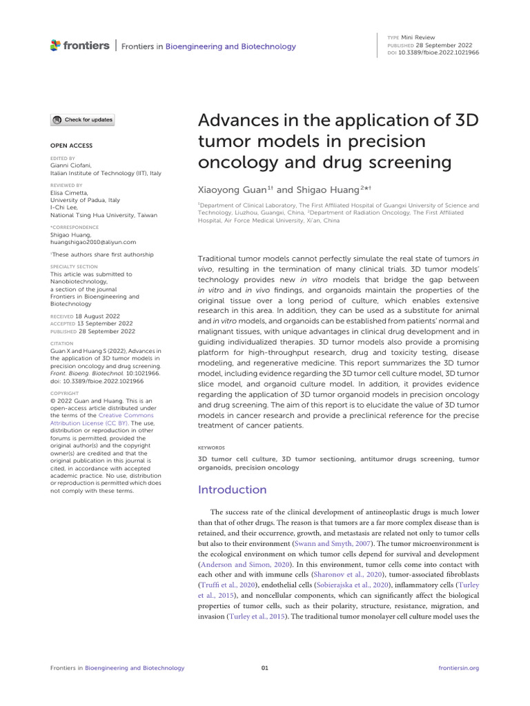 Advances in The Application of 3D Tumor Models in Precision Oncology ...