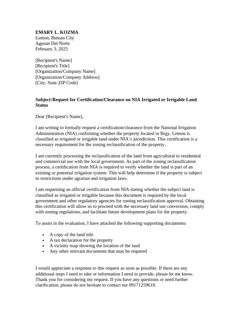 NIA Certification Request for Land Use | PDF