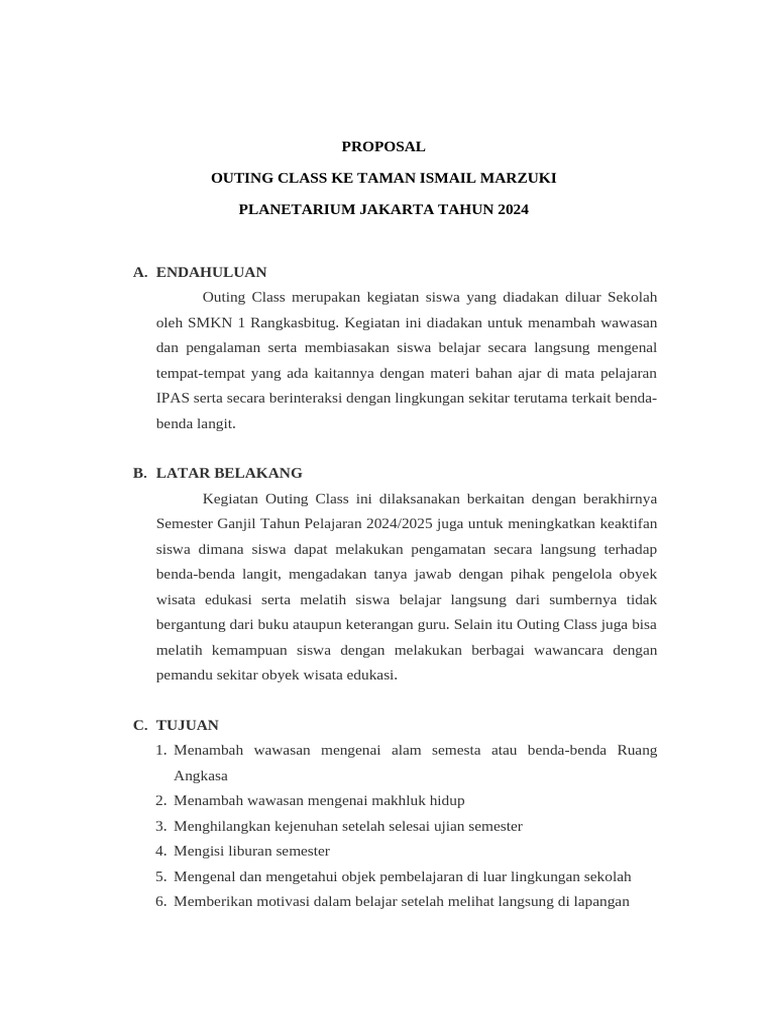 Proposal Outing Class Ke Planetarium Jakarta | PDF
