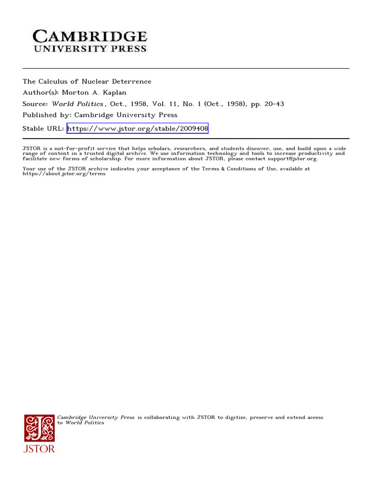 1958 The Calculus of Nuclear Deterrence Morton Kaplan | PDF | Deterrence Theory | Crime & Violence