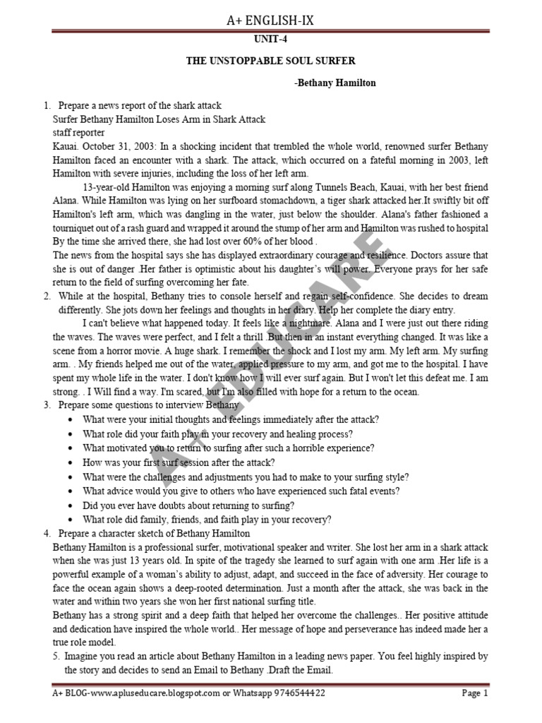 A - Blog - Class-9-English-Unit-4-The Unstoppable Soul Surfer-Questions ...