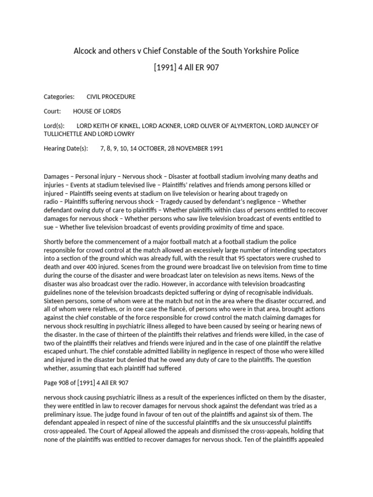 Alcock v Chief Constable: Nervous Shock Case | PDF | Negligence | Duty ...